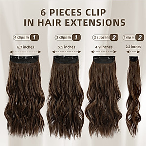 Clip in Hair Extensions, 6 PCS Light Brown Extensions, Wavy Hair Extensions, Natural & Soft Hair & Blends Well Hair Extensions, Chocolate Brown Long Wavy Hairpieces(20inch, 6pcs, Chocolate Brown)