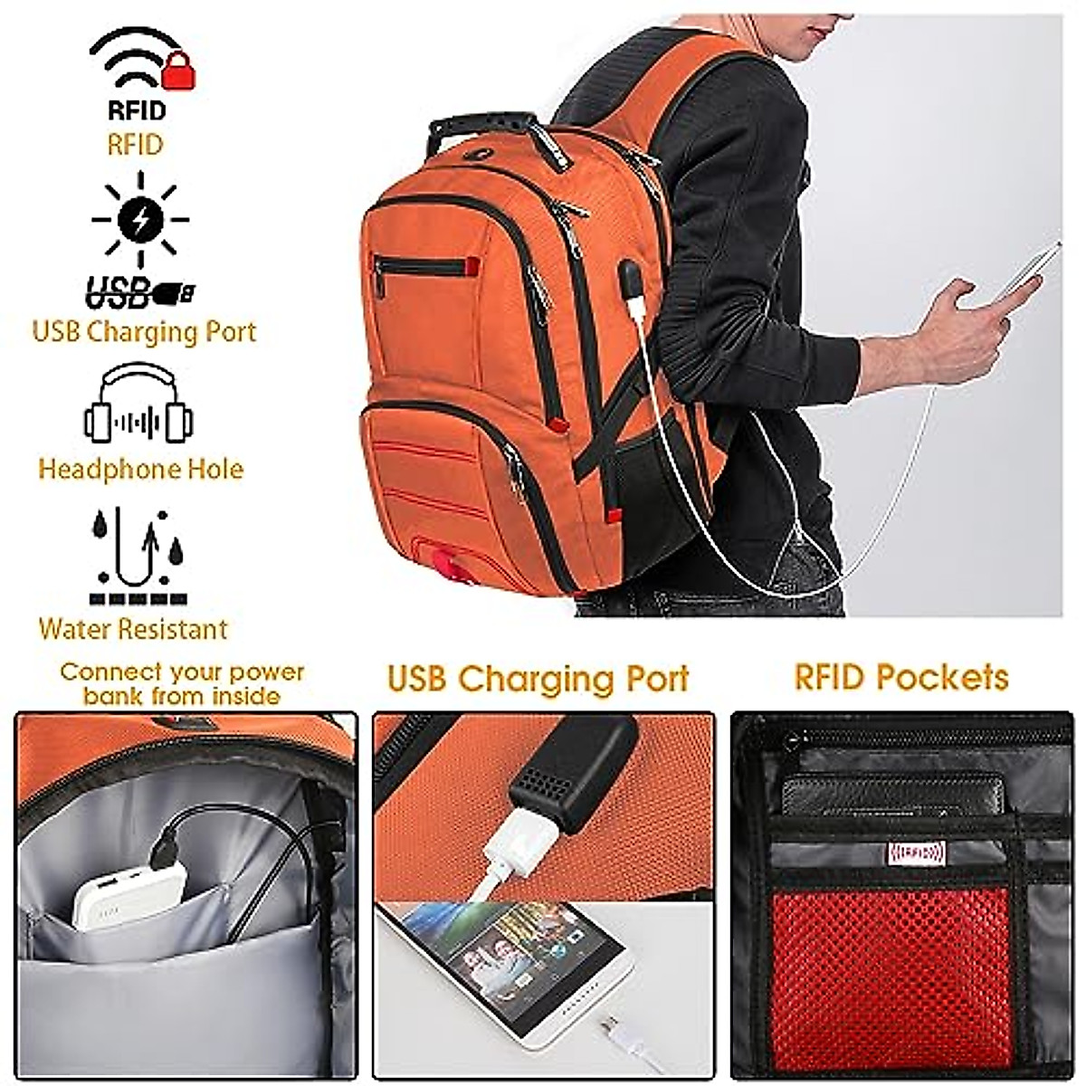 Extra Large 50L Travel Laptop Backpack, Computer bag Backbag with USB Charging Port, TSA Friendly Durable Big RFID Heavy Duty Business Tech Backpack Fits 17 Inch Laptops for Men Women, Orange
