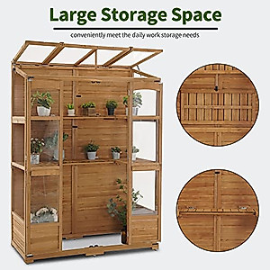 MCombo Wooden Greenhouse, Walk-in Outdoor Greenhouse with Openable Roof and Lockable Door, 0899 (Natural)