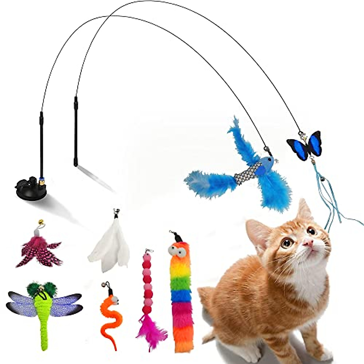 Mrocioa 11pcs Cat Toys Feather Teaser, Interactive Suction Cup Cat Toy Wand with Replaceable Kitten Toys for Indoor Cats to Play Chase Exercise