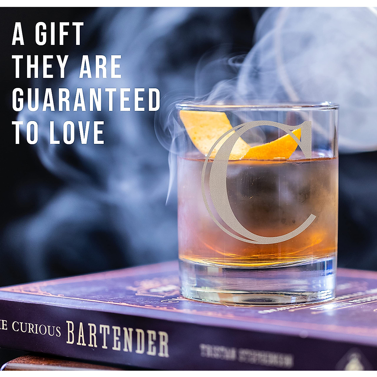 Etched Monogram 11oz Whiskey Rocks Glass (Letter C), A-Z Customized Bourbon Gifts for Men, Personalized Old Fashioned Scotch Glass, Custom Engraved Gifts for Him, Initial, Name, Regalos Personalizados