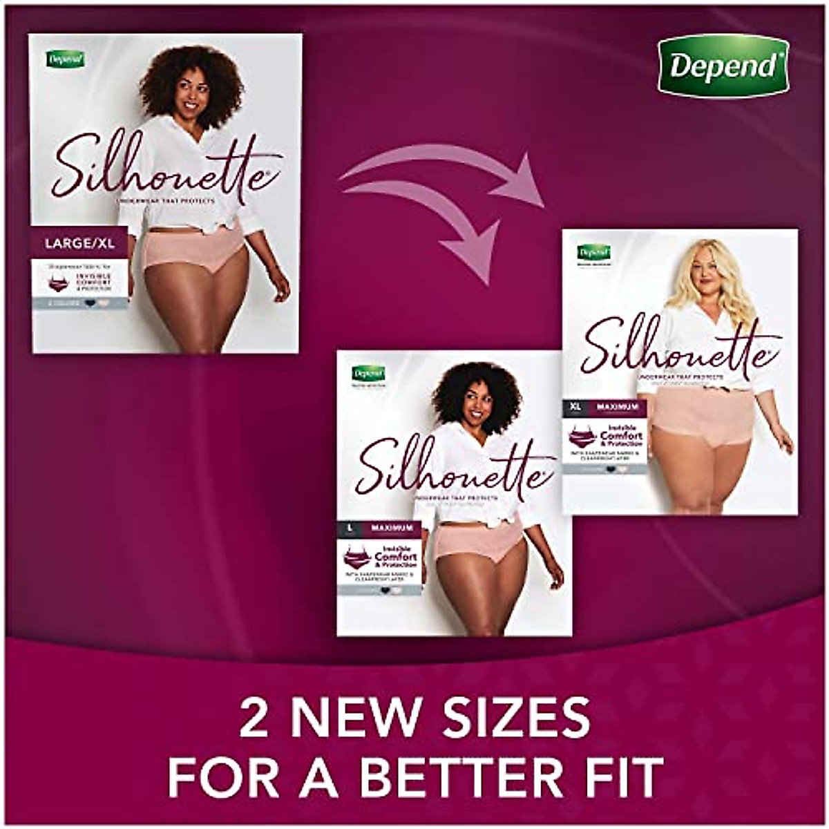 Depend Silhouette Adult Incontinence and Postpartum Underwear for Women, medium (32–42" waist), Maximum Absorbency, Black, 56 Count (2 Packs of 28)