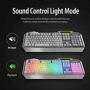 Lumsburry RGB LED Backlit Gaming Keyboard with Anti-ghosting, Light up Keys Multimedia Control, USB Wired 104 Keys Metal Keyboard for PC Games Office (Silver&White)