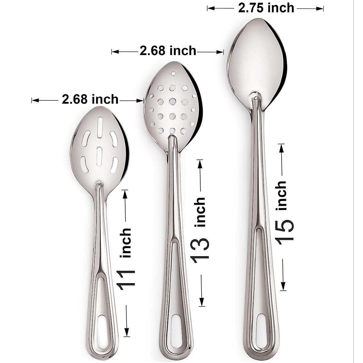 Premium 3 Piece Stainless Steel Baking & Basting Spoon Set, Includes 15" Solid Spoon, 13" Perforated Spoon, 11" Slotted Spoon - Heavy Gauge Durability - Modern Mirror Finish Flatware
