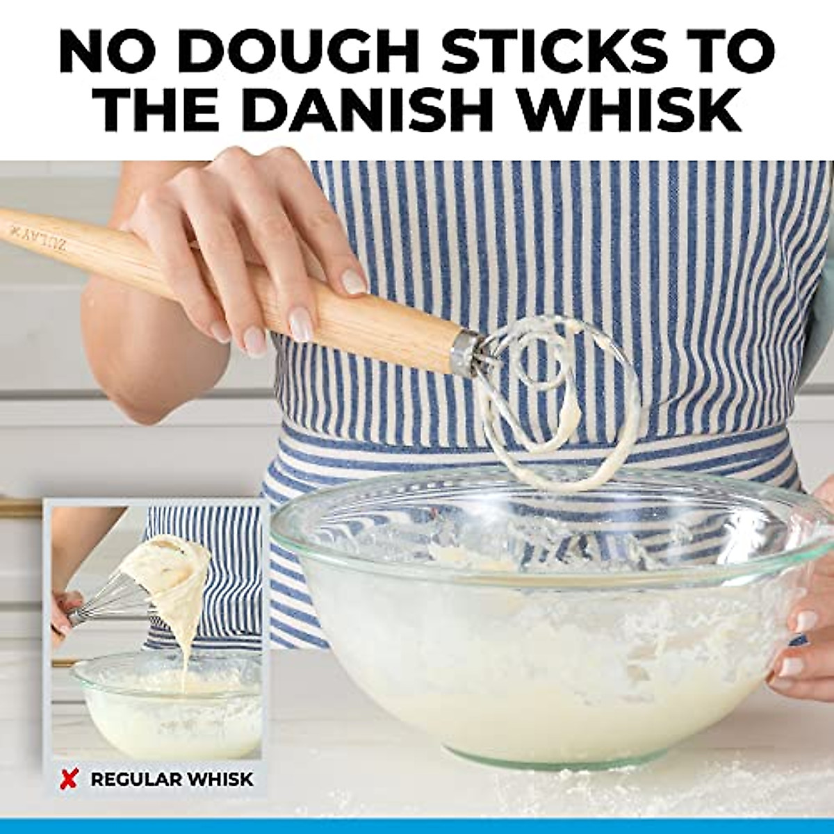 Zulay Kitchen 13 Inch Danish Dough Whisk - Large Wooden Danish Whisk For Dough With Stainless Steel Ring - Traditional Dutch Whisk Baking Tool For Bread, Batter, Cake, Pastry