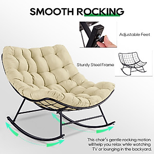 PORWEY Patio Rocking Papasan Chair, Outdoor & Indoor Egg Reading Chair, Oversized Royal Comfy Cozy Lounge Rocker Recliner with Large Cushion, Steel Frame and Ottoman for Bedroom, Living Room,Beige