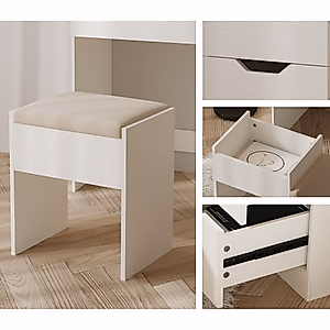 HUAHUU Vanity Desk with LED Lights Mirror & Power Outlet, 3 Lighting Colors Vanity Desk with 5 Drawers, Makeup Vanity Set and Cushioned Stool for Bedroom, White