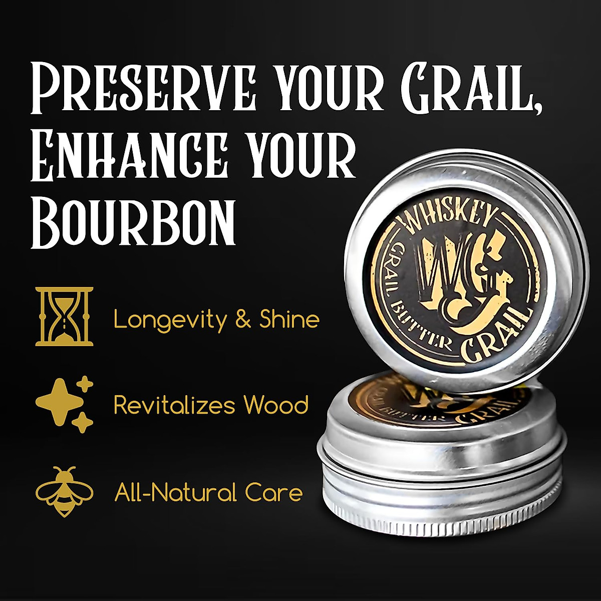 Whiskey Grail - Grail Butter - Beeswax Wood Butter for Whiskey Grail Cups, Food Grade Wax for Maintaining Bourbon Cup's Glossy Sheen, Enhances & Protects Whiskey Grail’s Handcrafted Charred Oak Finish