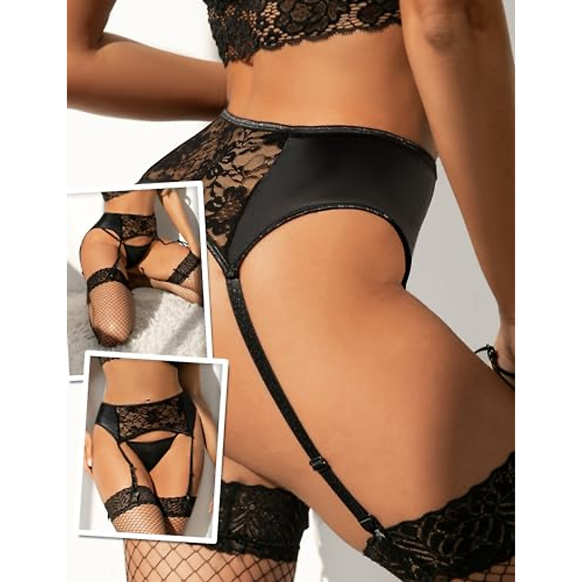 ohyeah Women Black Lace Garter Belt for Thigh Highs Stockings Sexy Mesh Suspender 4 Slips Garter Belts (No Sock) S-M