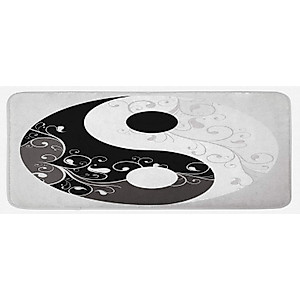 Lunarable Ying Yang Kitchen Mat, Floral Design Swirling Branches Leaves Pattern Flow of Energy Cultural Graphic, Plush Decorative Kitchen Mat with Non Slip Backing, 47" X 19", Black White
