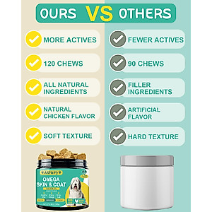 Skin and Coat Chews for Dogs - Omega 3 Supplement for Dogs with EPA & DHA Fatty Acids- Fish Oil Chews for Dogs with Salmon Oil & Vitamins - Dog Itchy, Dry & Shedding Skin Relief- Chicken, 120 Chews