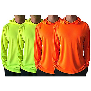 Men UPF 50+ Sun Protection Breathable T Shirt Long Sleeve Workout T-Shirts with Hood (as1, Alpha, x_l, Regular, Regular, 4Pcs Mix (2 Neon Yellow/2 Neon Orange))