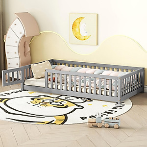 DNYN Twin Size Floor Bed for Kids Bedroom,Solid Wood Bedframe w/Door/Safety Guardrails/Wood Slat Support/Easy Assemble/Space Saving Design/No Box Spring Needed, Gray