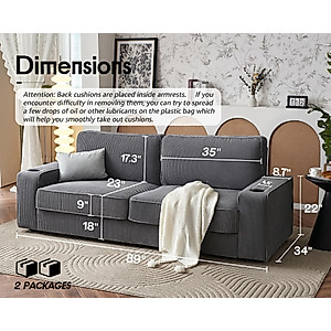 AMERLIFE Couch, 89 inch Sofa Couch- Deep Seat Sofa with 2 USB Charging Ports & 2 Cup Holders, 3 Seater Couch with Grey Corduroy, Modern Sofas for Living Room