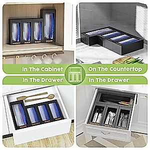 Bamboo Ziplock Bag Storage Organizer for Kitchen Drawer, 4 Separate Food Storage Bag Organizer, 12x14" Baggie Organizer Dispenser for All Brands Gallon, Snack, Sandwich & Quart Slider Bags Black