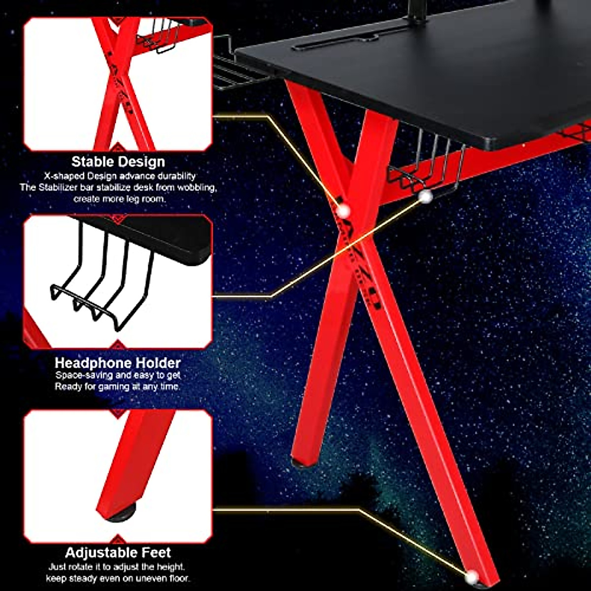 OKL 42” Gaming Desk- Home Office Computer Table, Black Carbon Fiber Gamer Workstation with Monitor Support，Headphone Hook，Pad Groove，Cable Management Holes，Storage Basket for PS4 Xbox (Red)