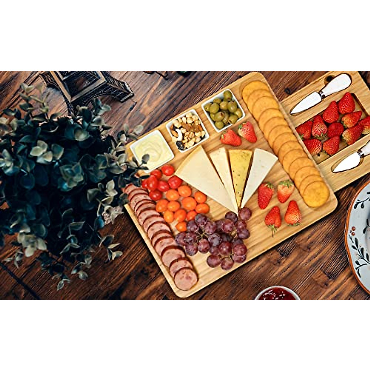 Cheese Board and Knife Set, Bamboo Charcuterie Boards Large Extra Meat Charcuttery Platter Serving Tray for Housewarming Thanksgiving Personalized Holiday Christmas Birthday Wedding Party Gifts Ideas