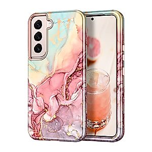 Btscase for Samsung Galaxy S22+/S22 Plus 5G Case, Marble Pattern 3 in 1 Heavy Duty Shockproof Full Body Rugged Hard PC+Soft Silicone Drop Protective Women Girl Covers for S22+/S22 Plus, Rose Gold