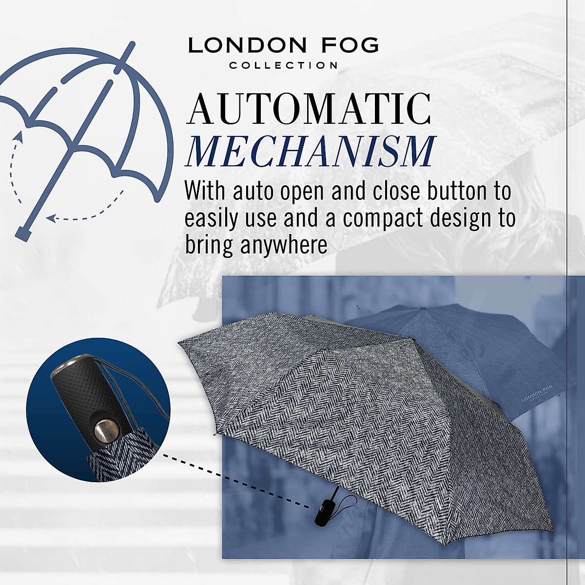 London Fog Mini Rain Umbrella, Automatic Folding Umbrella, Windproof, Lightweight and Packable for Travel, Full 42 Inch Arc, Herringbone