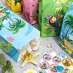 Whaline 24Pcs Hawaiian Tropical Gift Bags Wrapped Treat Bags with Tag Stickers Summer Vibes Party Favor Bags Aloha Candy Bags Kraft Paper Gift Bags for Summer Hula Party Supplies Gift Wrap