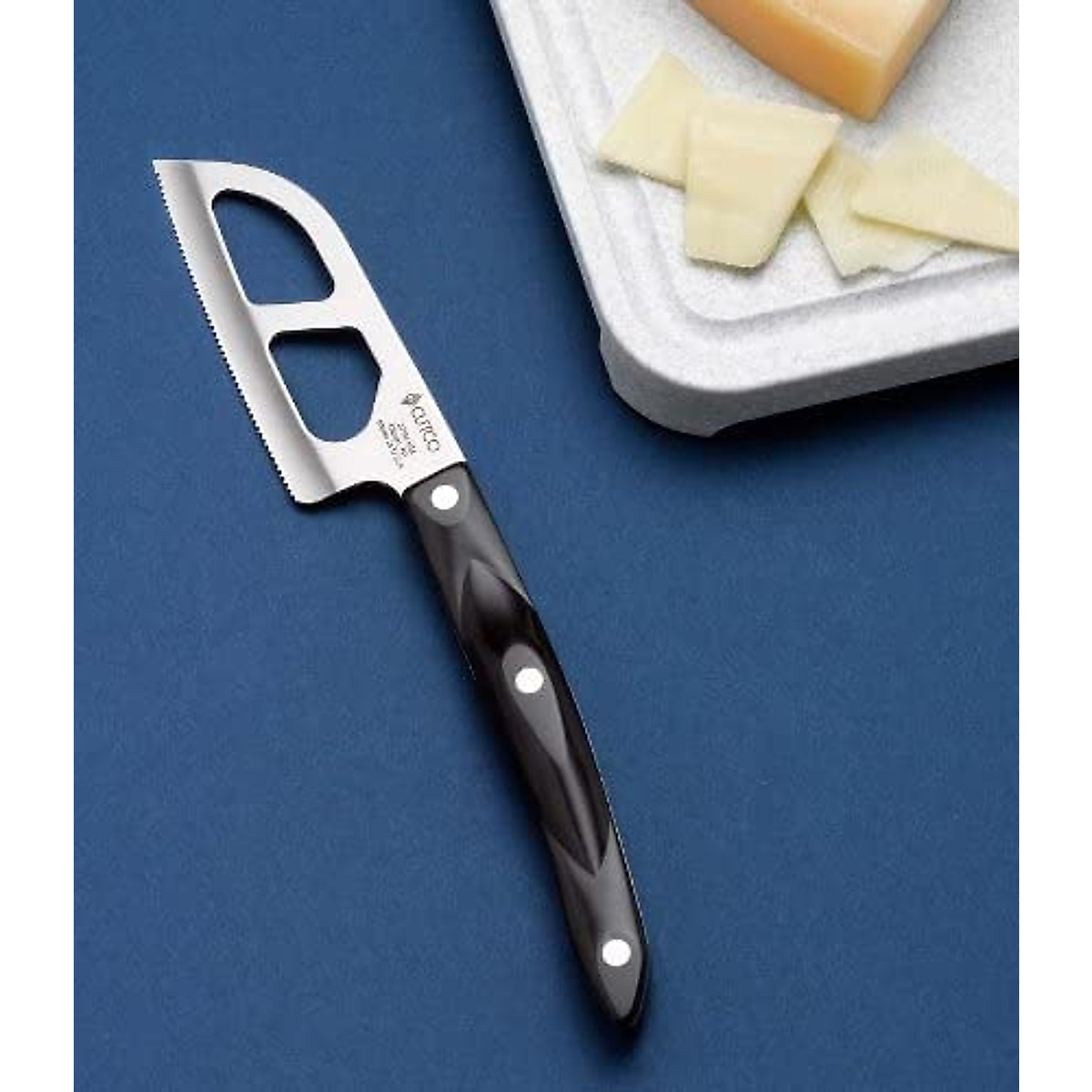 CUTCO Model 3764 Santoku Cheese Knife with High Carbon Stainless 3.75" Double-D serrated edge blade and 5" Classic Dark Brown handle (often called "Black") in factory-sealed plastic bag.