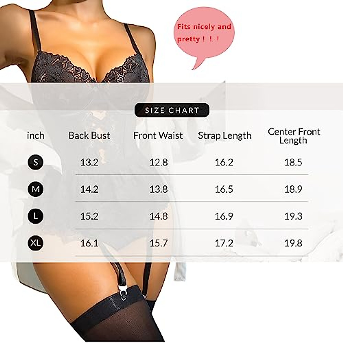 Pyroluna Women Sexy Garter Lingerie Set with Belt and Stocking Lace Underwire Bodysuit Teddy Snap Crotch Design (Black, Medium)