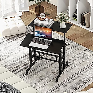 Tangkula Mobile Standing Desk Stand Up Desk, Height Adjustable Computer Desk with Standing & Seating 2 Modes, Tilting Tabletop & Flexible Wheels, Rolling Laptop Cart Sit Stand Desk