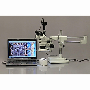 AmScope SM-4TZ-80S Professional Trinocular Stereo Zoom Microscope, WH10x Eyepieces, 3.5X-90X Magnification, 0.7X-4.5X Zoom Objective, 80-Bulb LED Ring Light, Double-Arm Boom Stand, Includes 0.5X and 2.0X Barlow Lens
