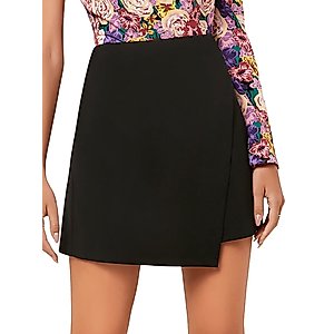 Verdusa Women's High Waist Wrap Asymmetrical Hem A Line Mini Skirt Black S