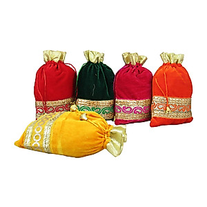 GoldGiftIdeas Ethnic Velvet Potli Bags for Women, Indian Potli Bag for Wedding, Potli Bags for Return Gift, Traditional Potli Bags, Wedding Party Favor Gift Bags (Set of 5)