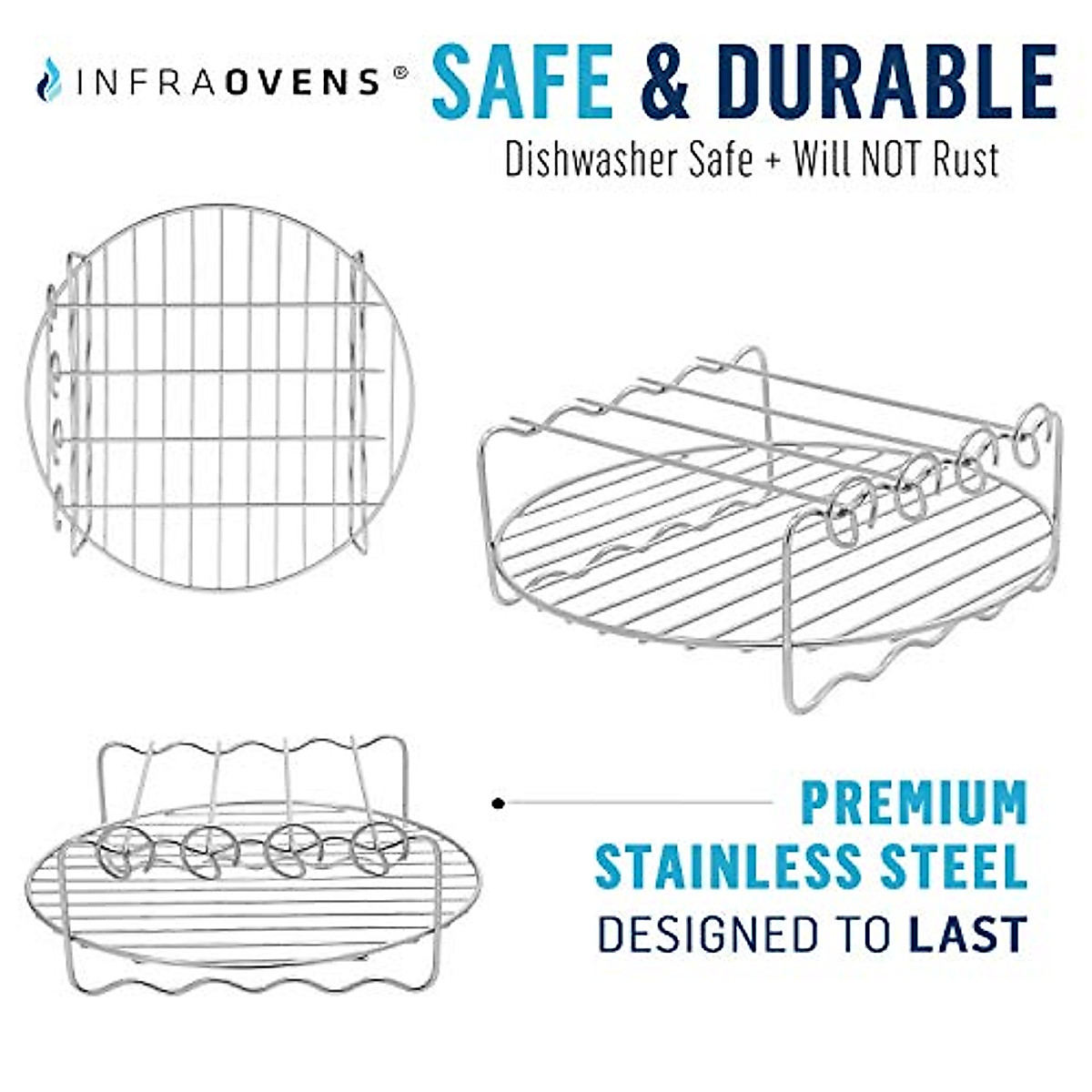 Air Fryer Rack Accessory Compatible with Costzon, Ninja, Power Airfryer Oven, Costway, Chulux, Farberware, Avalon Bay, Waterjoy, Cozyna, Keemo + More | Kebab Skewers + Cooking Times Cheat Sheet