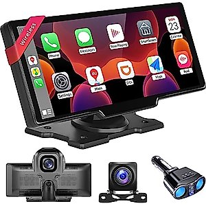 Podofo Portable Car Stereo Wireless Carplay/Android Auto with Dash Cam, 9.3" HD IPS Touch Screen Car Play Radio Audio Receiver, 1080P Backup Camera, Navigation/Bluetooth/FM Transmitter/AUX/TF Card