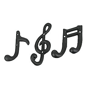 Zeckos Harmonious Melodies - Set of 3 Black Finish Cast Iron Musical Note Wall Hooks for Decorative Music Room Ensemble - 6 Inches High - Elegant Home Decor Accent