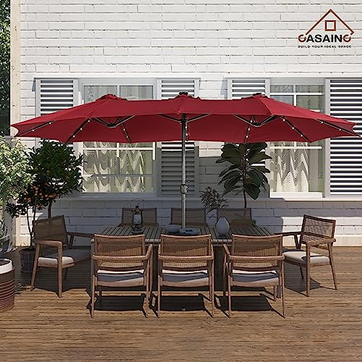 CASAINC 15 FT Solar LED Patio Umbrella with Base Double-Sided Extra Large Outdoor Umbrella Market Rectangular Twin Umbrella w/Crank for Garden Deck Lawn Pool Backyard-Burgundy (with Lights)