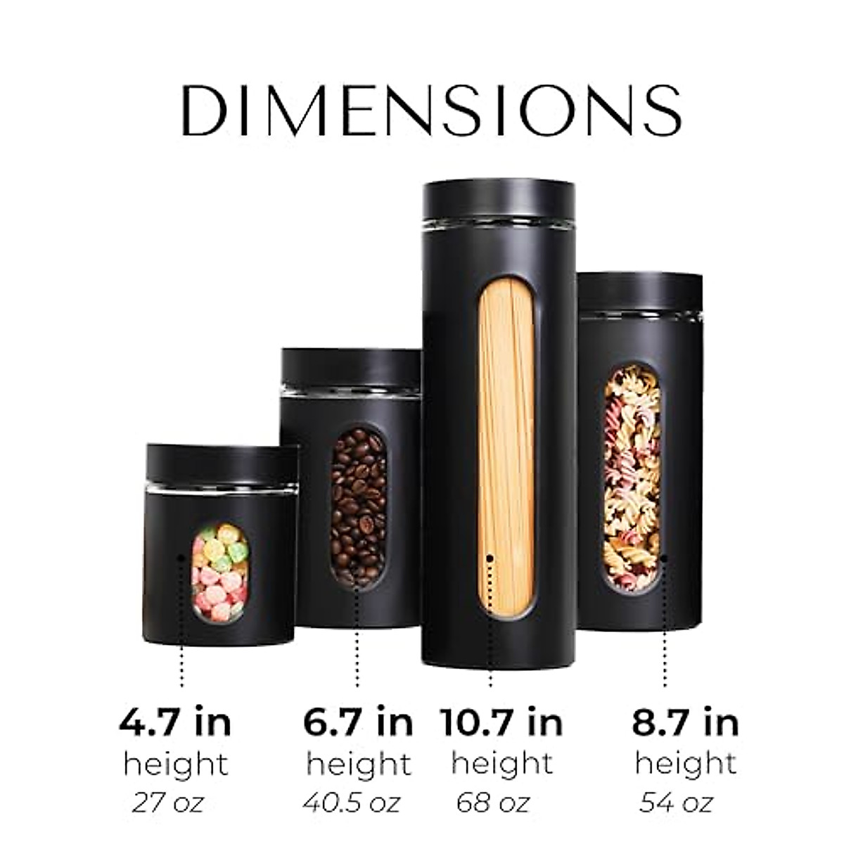 JS Gourmet 4 Pcs Stainless Steel Canisters Set for Kitchen with Glass Window and Airtight Lid, Perfect for Storing Coffee, Spaghetti, Sugar, Beans and Dry Ingredients (Black)