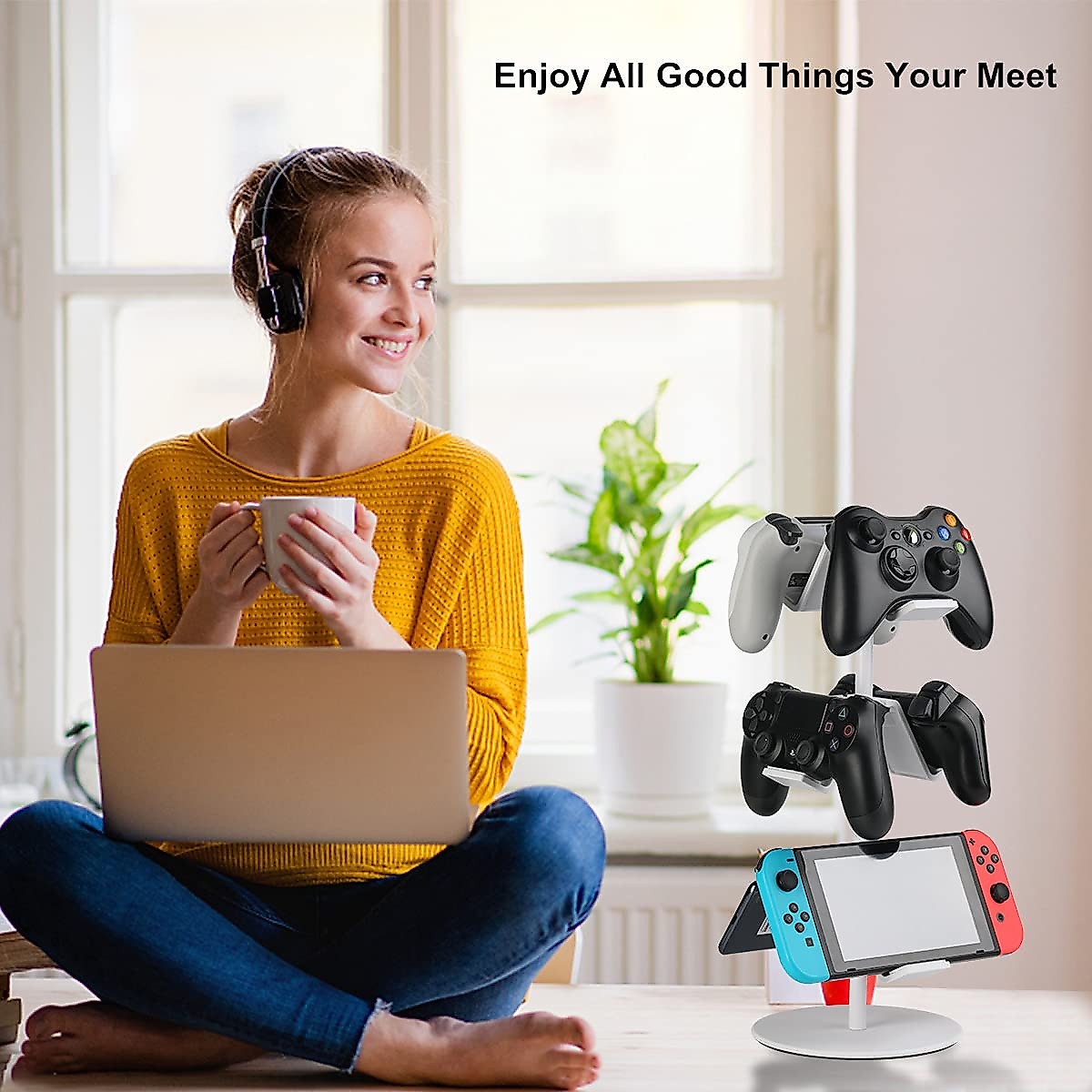 KELJUN Controller Holder White, Headset Holder,Great 3 Tier Controller Headphone Organizer for All Headsets Xbox ONE 360 Switch PS4 PS5 (Elegant White)