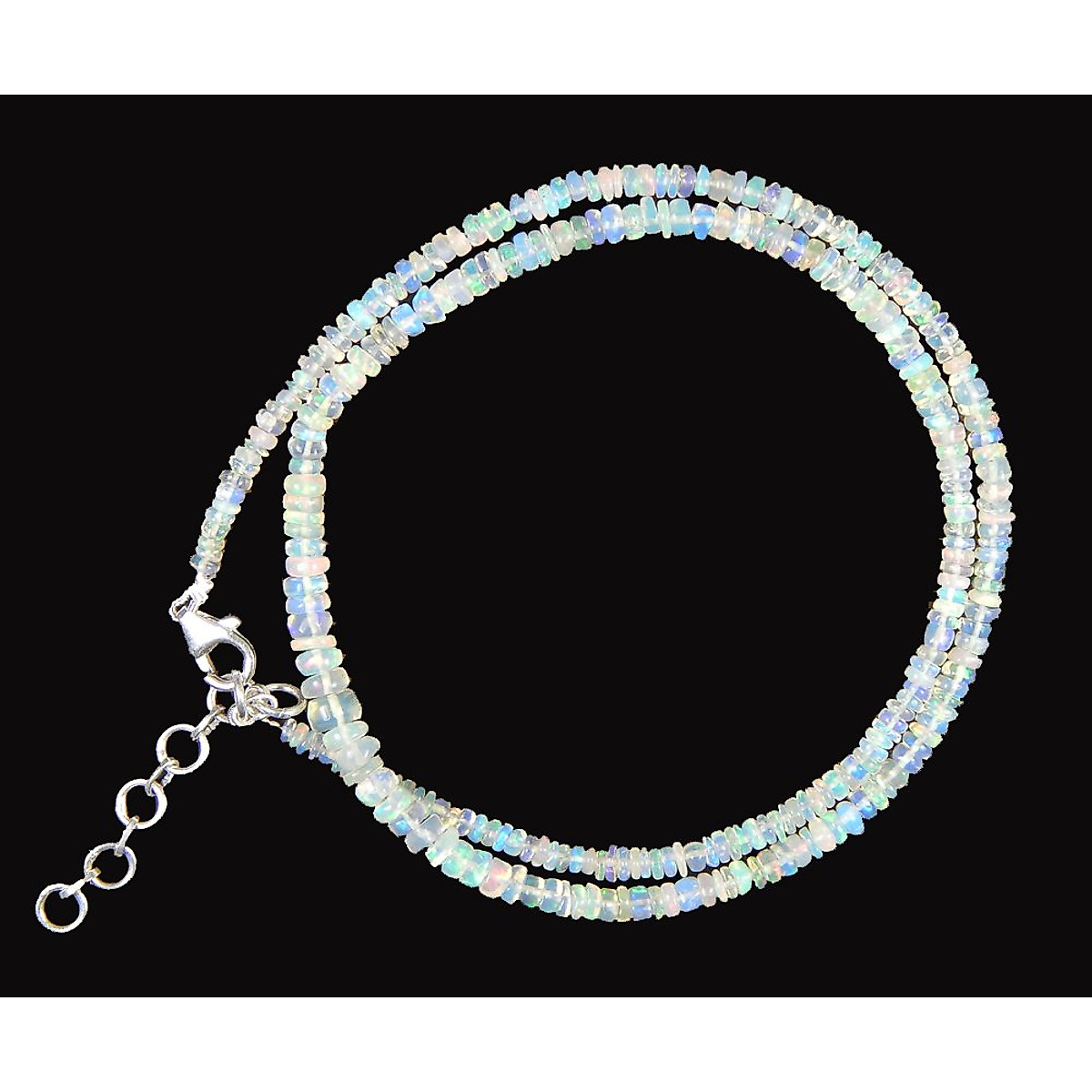 Myhealingworld Natural White Base Ethiopian Opal Gemstone Beads 16 Inch Beaded Necklace with Additional 2 inch 92.5 Sterling Silver Extension. Bead Size Varies from 2mm to 5mm.