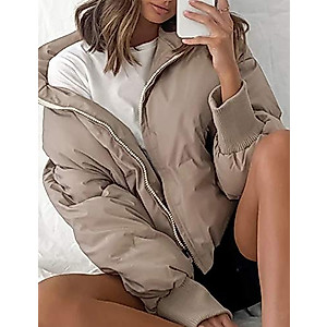 Uaneo Womens Casual Padded Full Zip Stand Collar Long Sleeve Puffer Jackets (Khaki, M)