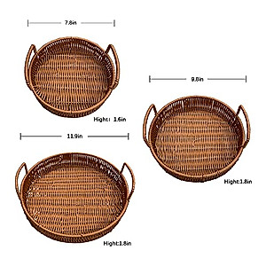 3 Pack Woven Serving Tray with Handles, Imitation Rattan Woven Tray, Hand-Woven Tray,Woven Basket, Storage Basket, Round Double Handle (Imitation Rattan, Brown)