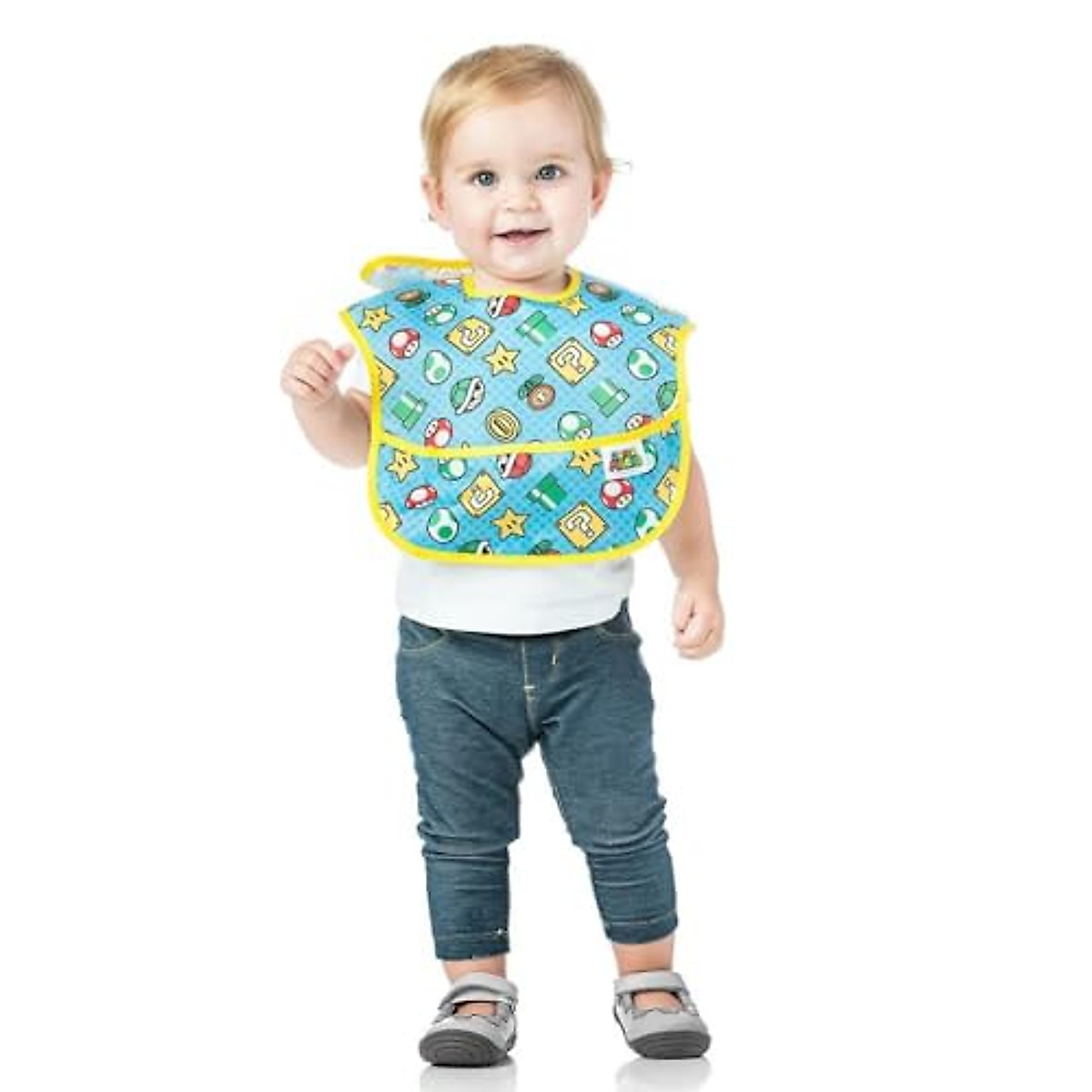 Bumkins Nintendo Bibs for Girl or Boy, SuperBib Baby and Toddler for 6-24 Months, Essential Must Have for Eating, Feeding, Baby Led Weaning, Mess Saving Waterproof Soft Fabric, 2-pk Super Mario