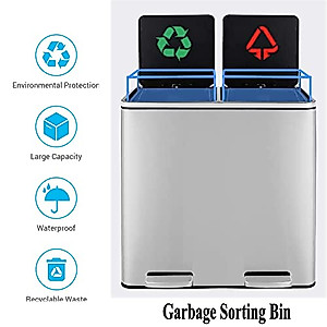 Increkid Dual Trash Can, 16 Gal Stainless Steel Rubbish Bin, Large Garbage Cans for Kitchen with Recycling Bin, Recycle Dustbin w/Removable Inner Buckets, Soft-close and Airtight Lid, Handles, 60L (Silver)