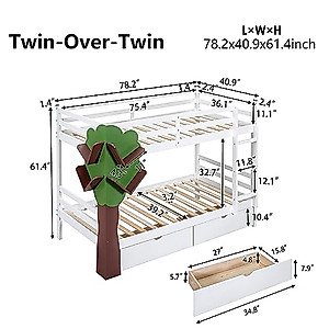 Altillo Twin Over Twin Bunk Bed with a Tree Decor and Two Storage Drawers, Wooden Twin Bunk Beds for Teens/Adults, Low Bed Frame Bedroom Furniture with Safety Guard Rails, No Box Spring Required