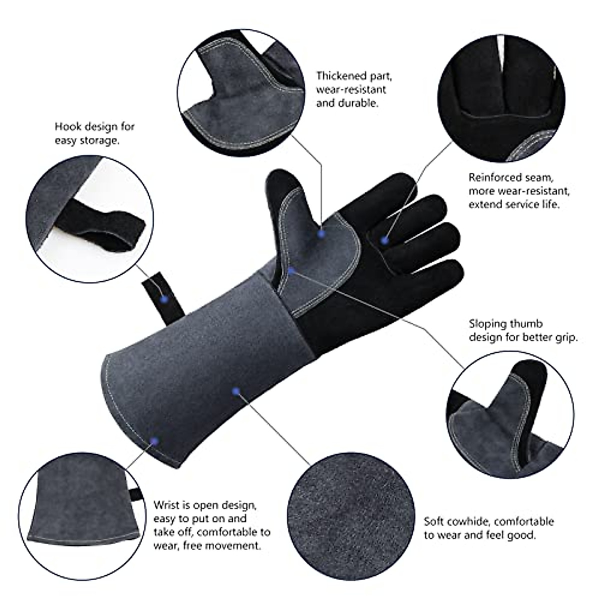 BESSTEVEN 16in Leather Welding Gloves 932℉/500℃ Heat Resistant Pizza Oven Mitts Grill BBQ Fireplace Gloves for Men Women Grilling Cooking Baking Welder Ironworker Smoker Gifts