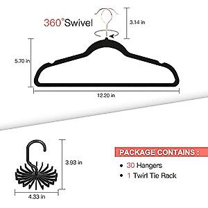 Ollnoos Velvet Clothes Hangers Space-Saving: Rose Gold Swivel Hooks Black Felt Hanger 30-Pack | Slim Hangers Non-Slip Ultra-Thin & Durable Closet Organizer for Coat Shirt Skirt Pants Shorts