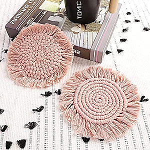 MIKEBE 2 PCS Coasters for Drinks, Boho Coasters,Macrame Coasters with Tassels,Table Decor Bohemian Braided Coasters,Coaster Set for Home,Office and Bar,Housewarming Gift-Pink, 7.4IN