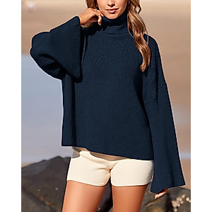 BTFBM Women's Turtleneck Pullover Sweaters 2024 Fall Winter Bell Long Sleeve Slouchy Oversized Ribbed Knit Jumper Tops(Solid Dark Blue, Small)