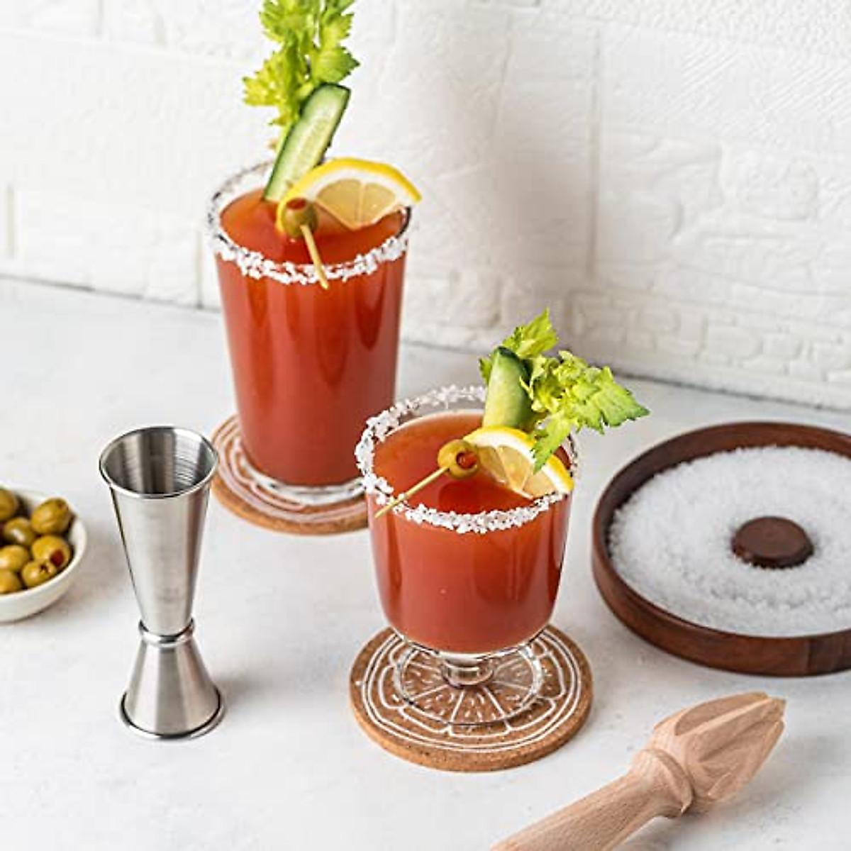Unna Margarita Salt Rimmer Set - Large Acacia Bar Salt and Sugar Rimmer, Fits up to 5.5in Glasses, Citrus Reamer, Stainless Steel Cocktail Jigger, 2 Cork Drink Coasters, 4 Unique Recipes