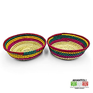 Amantoli - 3 Piece Mexican Handwoven Tortilla Basket Set - Large (8 inches) - Colorful | Tortilla | Pancake | Arepa| Warmer - Authentic Tortillero Set/Mexican Party - Décor