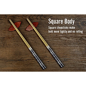 Metal Chopsticks Titanium Plated Stainless Steel Chopsticks Reusable Dishwasher safe Japanese Korean Chopstick lightweight Anti-slip Chop sticks 2 Pairs Blue Gold and 2 Pairs Black Gold Bundle Set