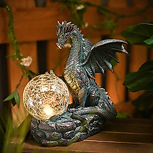 TERESA'S COLLECTIONS Garden Sculptures & Statues, Solar Dragon Outdoor Statues Figurines, Resin Bronze Gothic Decor Lawn Ornaments for Patio Table Deck Balcony Yard Decorations, 8.9 Inch